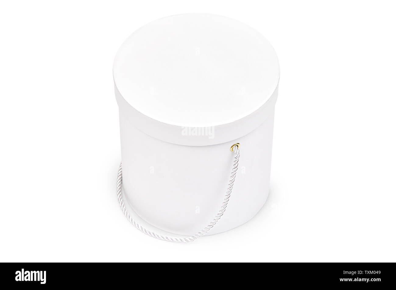 White cardboard gift round box with closed lid with shadow isolated on ...