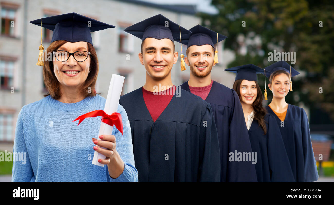 happy senior graduate student woman with diploma Stock Photo - Alamy