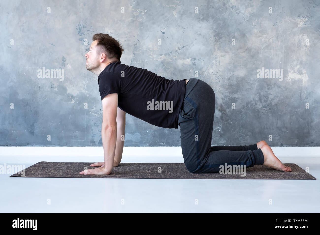 Young yogi men practices yoga asana bitilasana or cat cow pose Stock ...