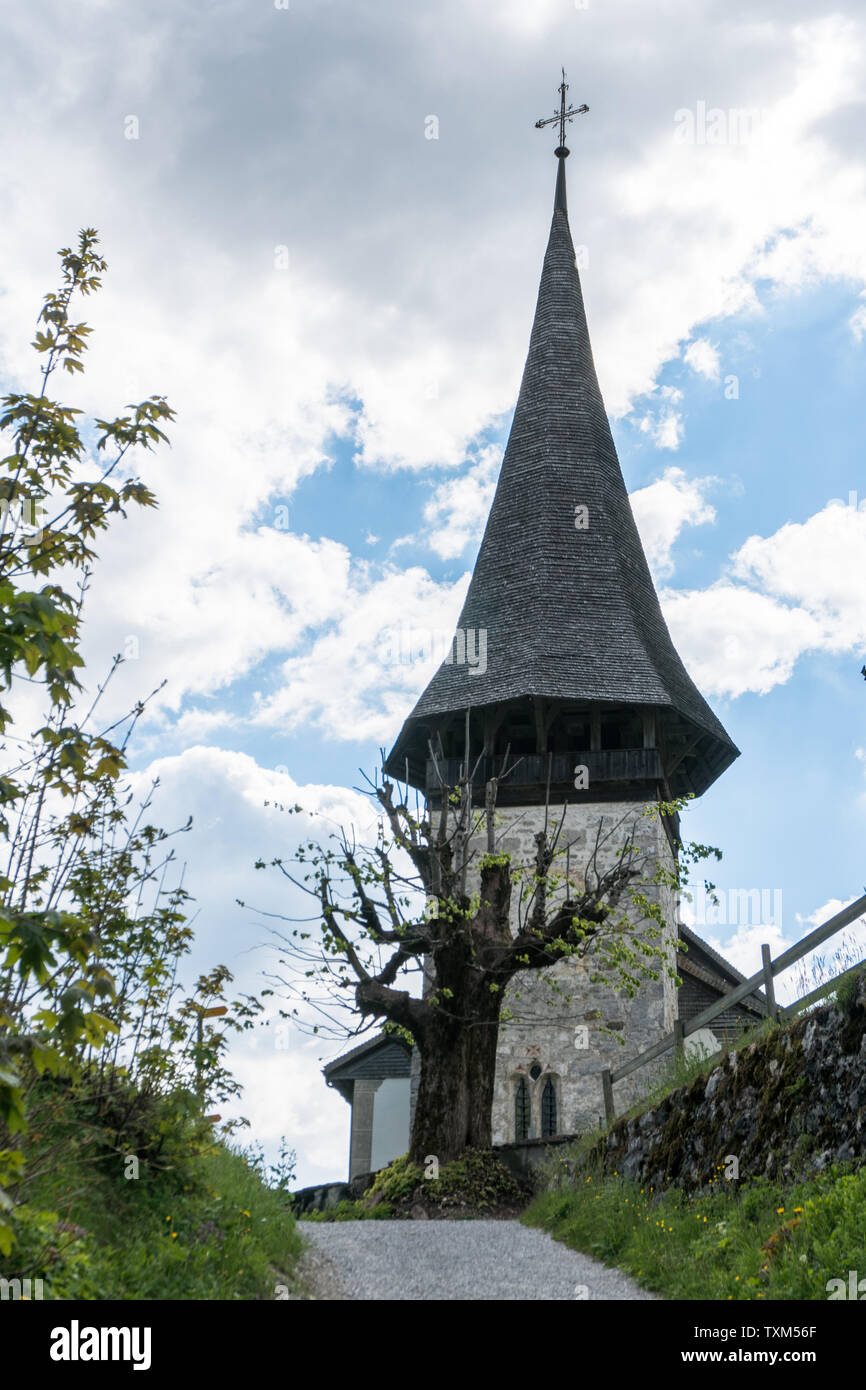 detailed view of the historic old chapel in Jaunpass village in the ...