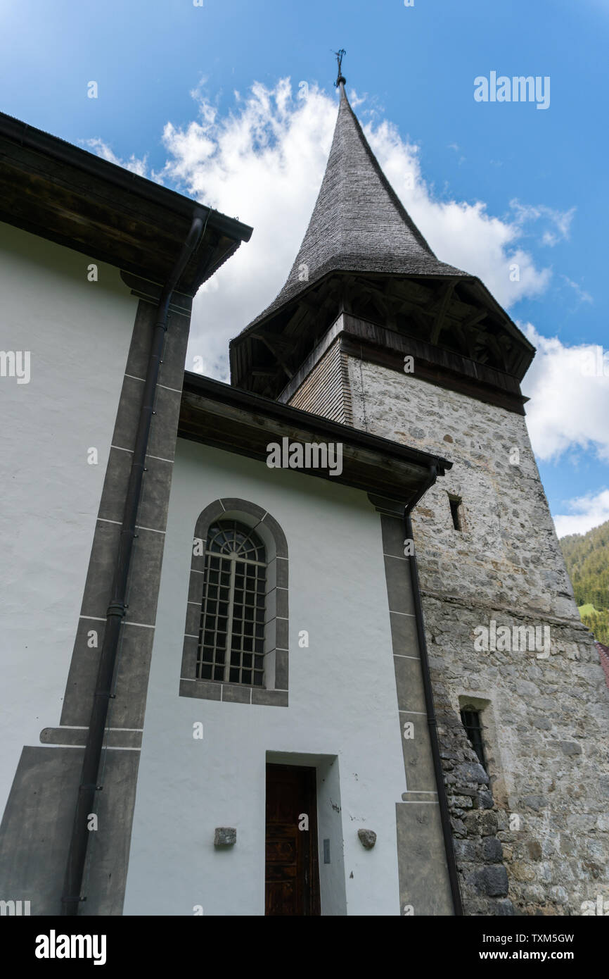 detailed view of the historic old chapel in Jaunpass village in the ...