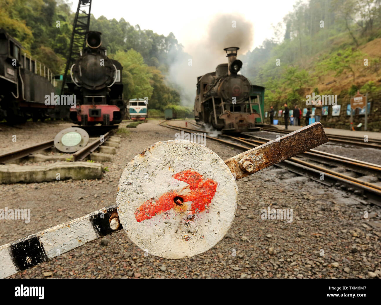An old steam train arrives to hitch up to passenger carriages near ...