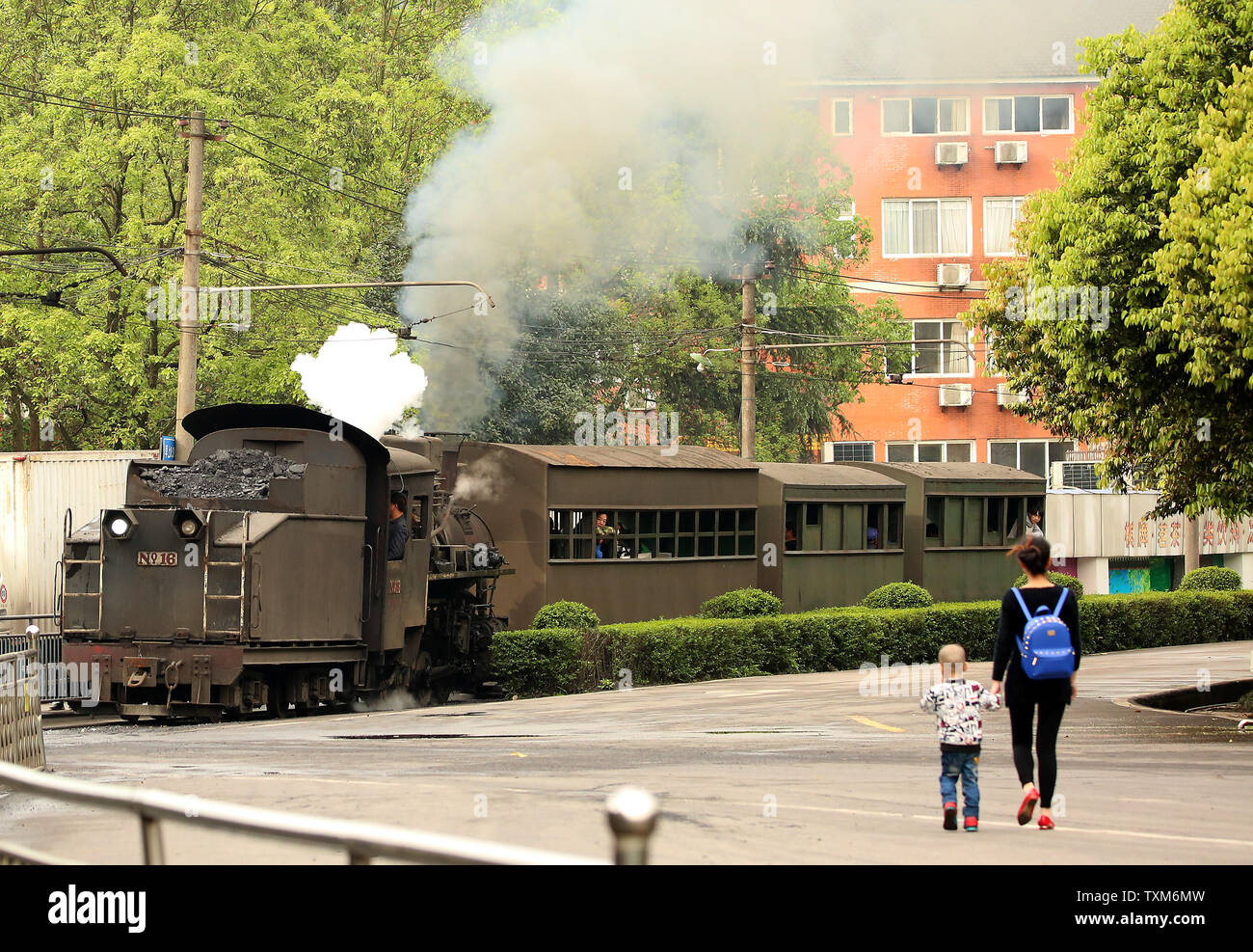 A passenger steam train arrives at the Yuejin station in Jiayang, a ...