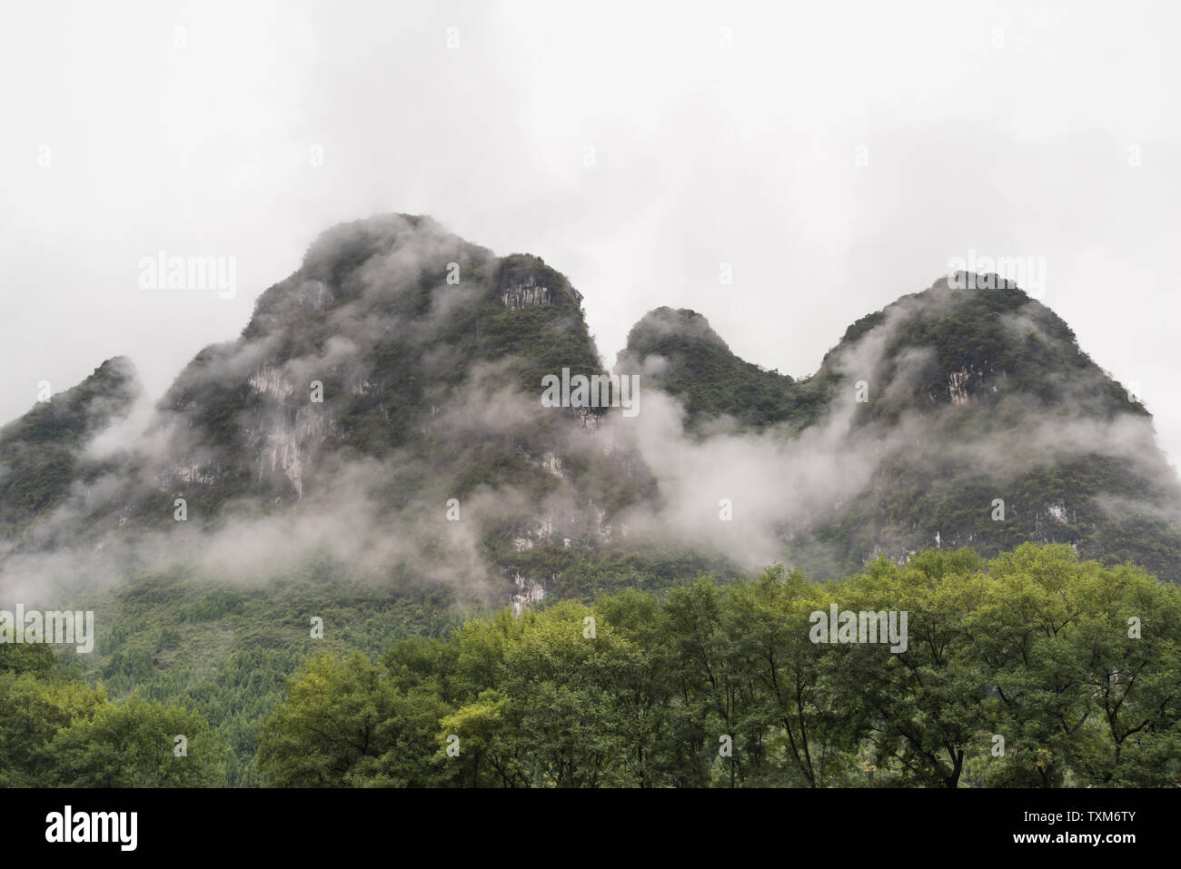 Landscape of the Li River in Guilin, China in the smoke and rain Stock ...
