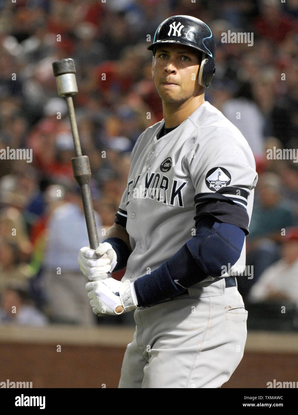 New York Yankees Alex Rodriguez warms up prior to an at bat against the ...