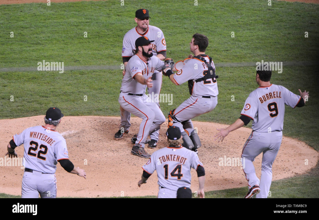 San Francisco Giants celebrate their 3-1 victory over the Texas Rangers ...