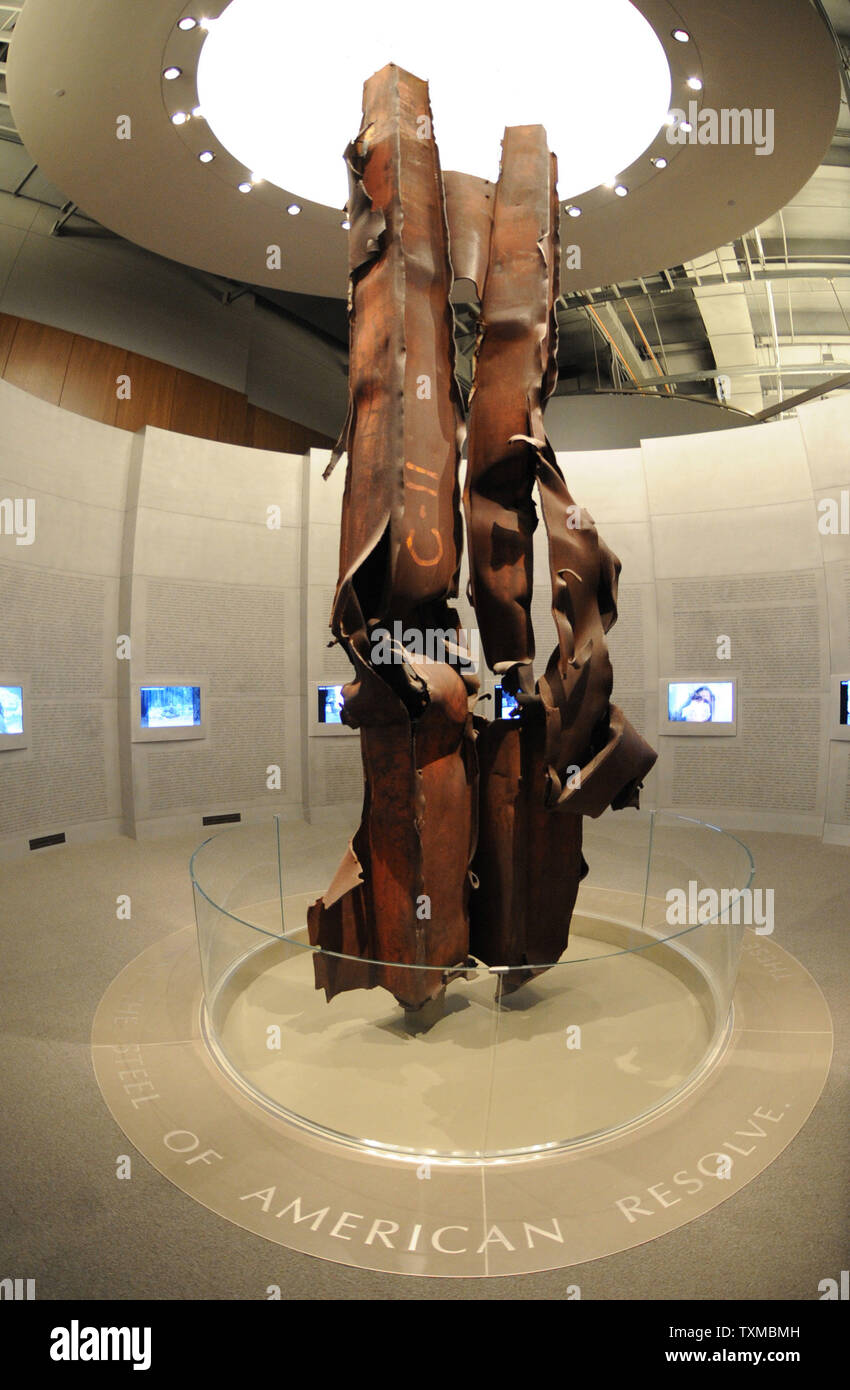 A piece of metal from the Twin Towers is seen during a media preview at ...