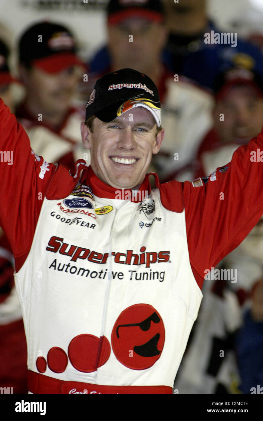 Carl Edwards celebrates winning the NASCAR Craftsman Truck race, at ...