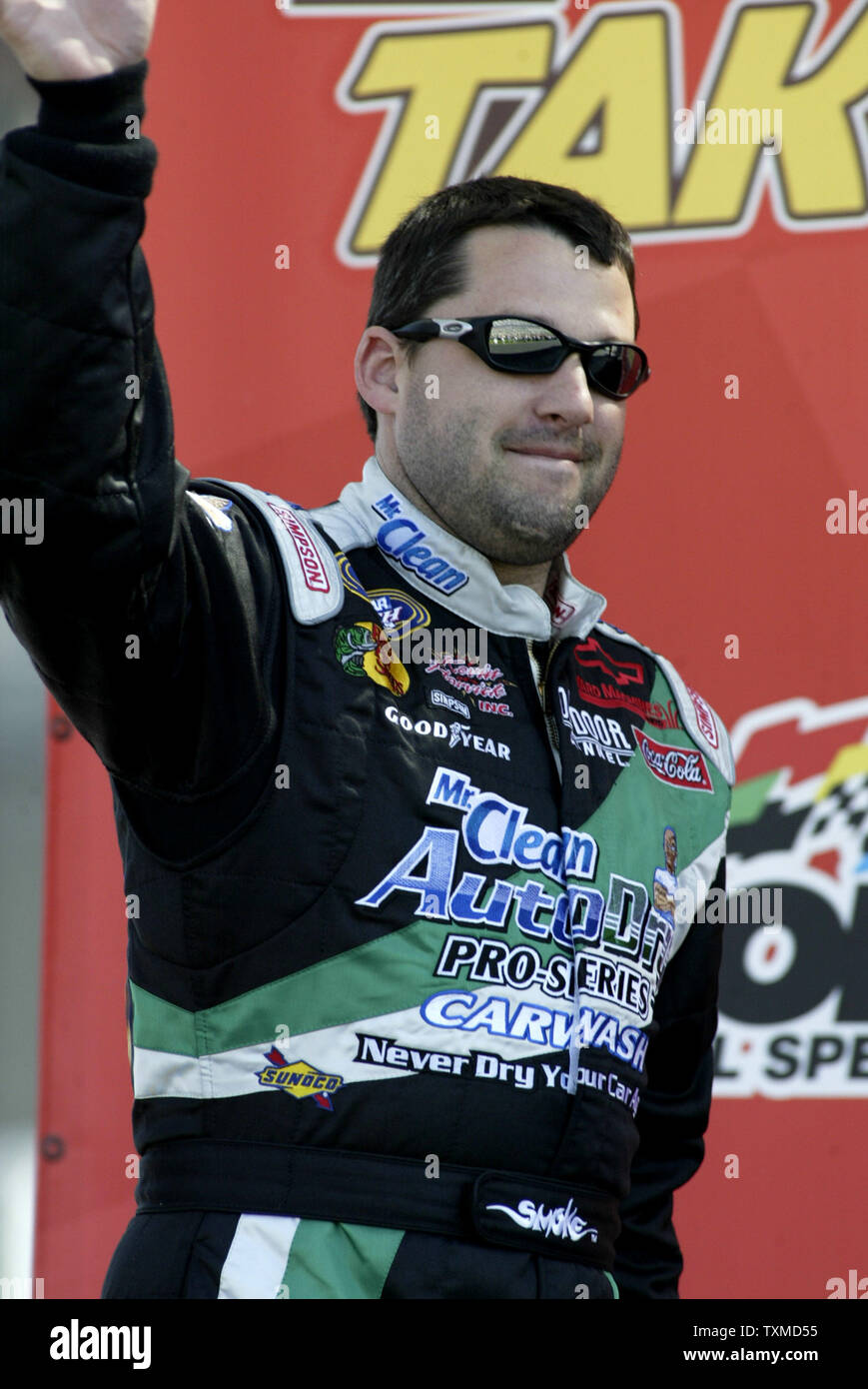 Tony Stewart greets the crowd at driver introductions prior to the ...