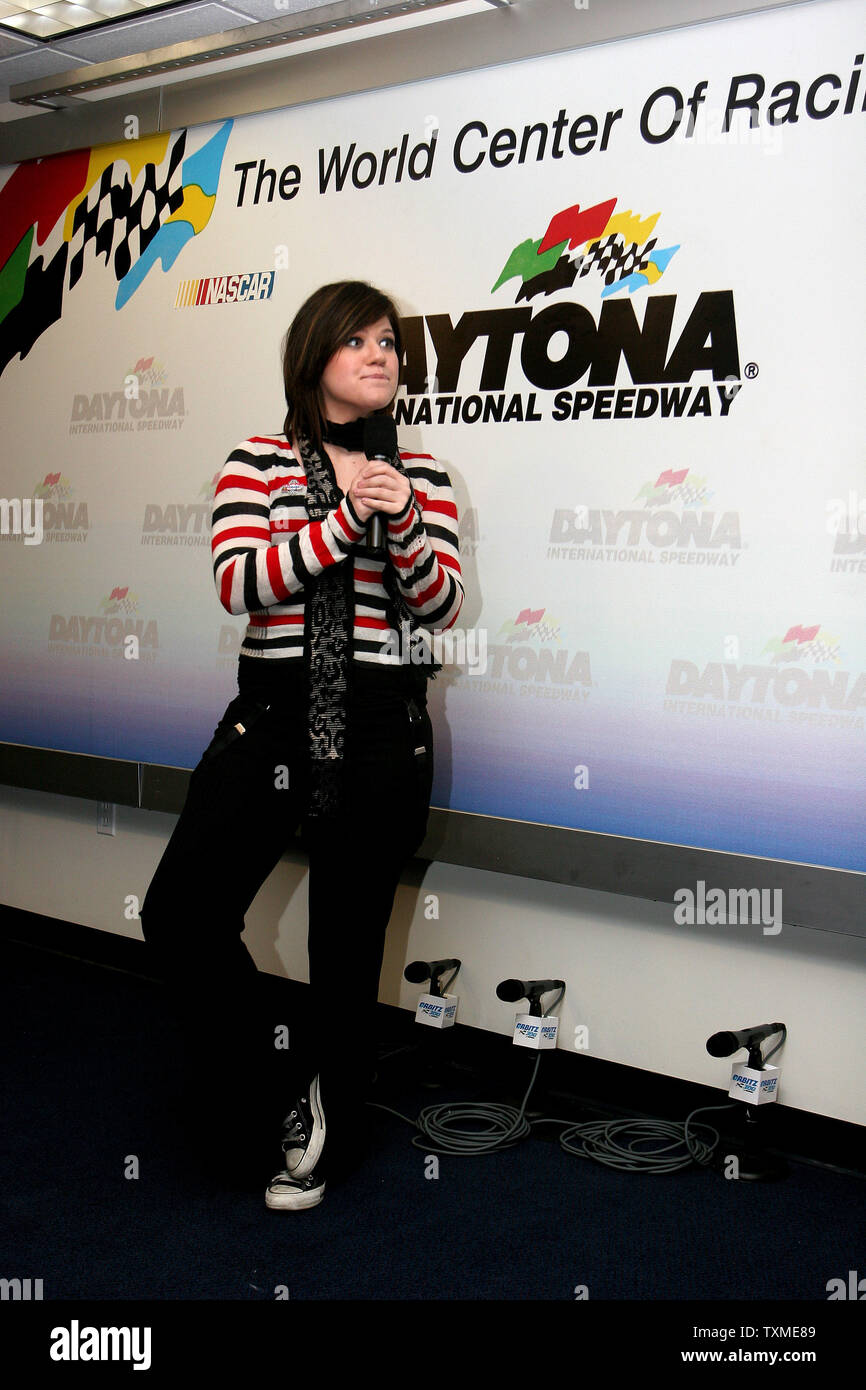 Kelly Clarkson speaks at a press conference at Daytona International ...