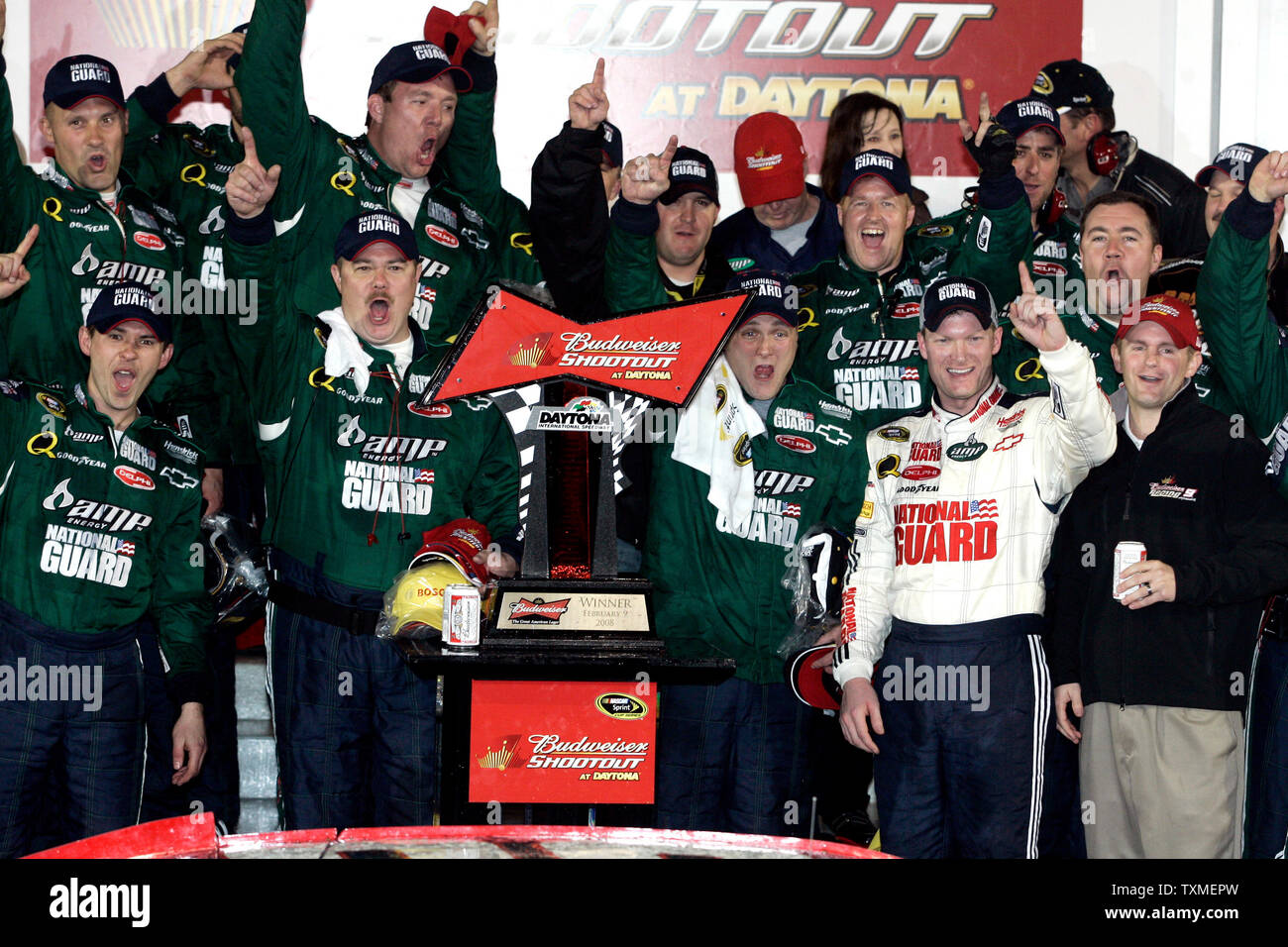 Dale Earnhardt Jr.and team celebrate winning the NASCAR Budweiser ...