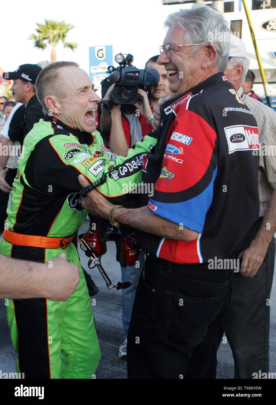 Mark Martin (L) and Leonard Wood celebrate Trevor Bayne becoming the ...