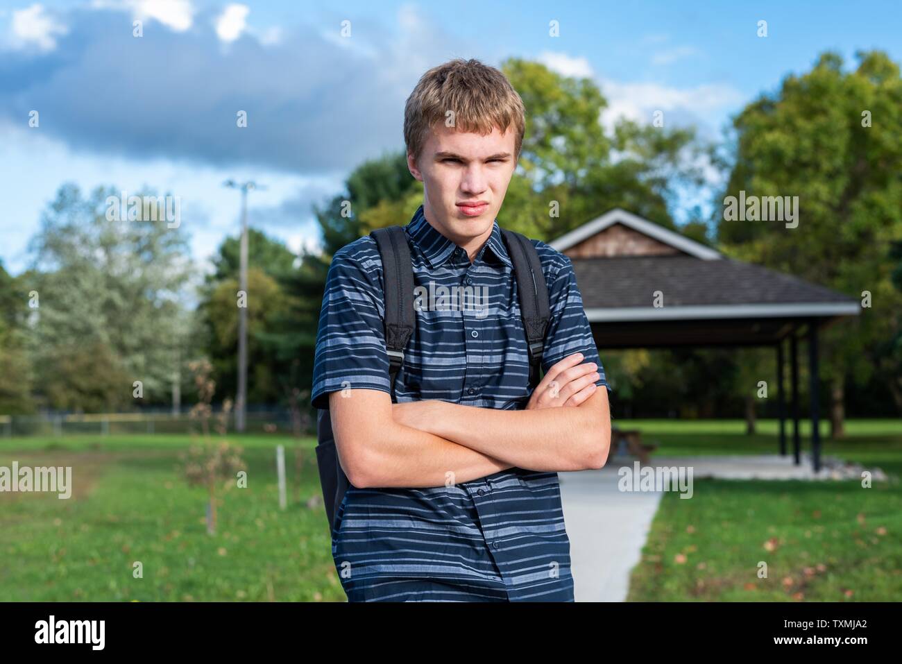Angry student standing on a walkway that leads to a little pavilion ...