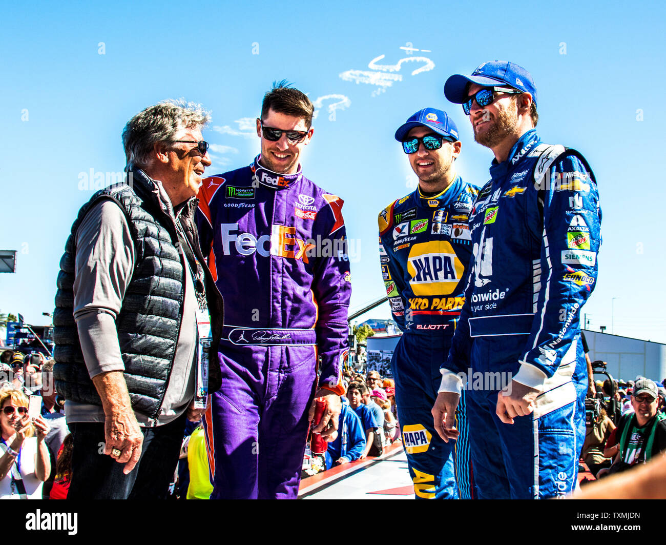 Mario Andretti (left to right), Denny Hamlin, Chase Elliott, and Dale ...