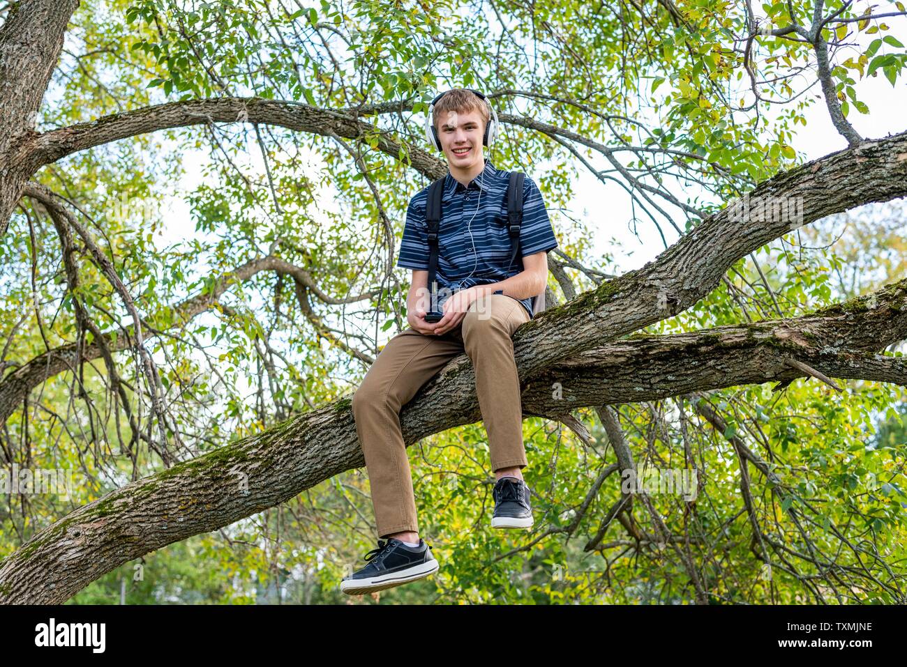 Happy student sitting on a tree branch while listening to music through ...