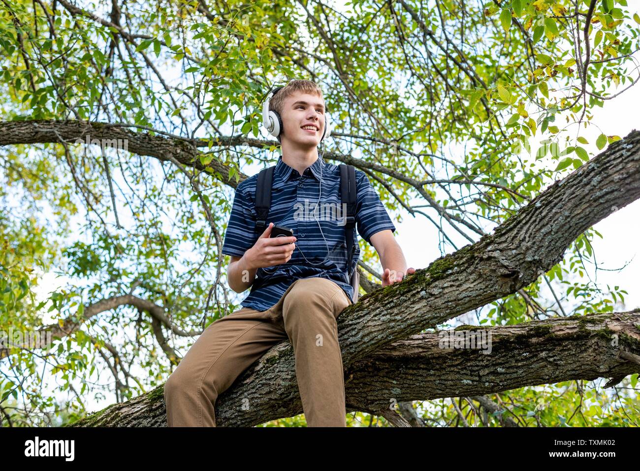 Happy student sitting on a tree branch while listening to music through ...