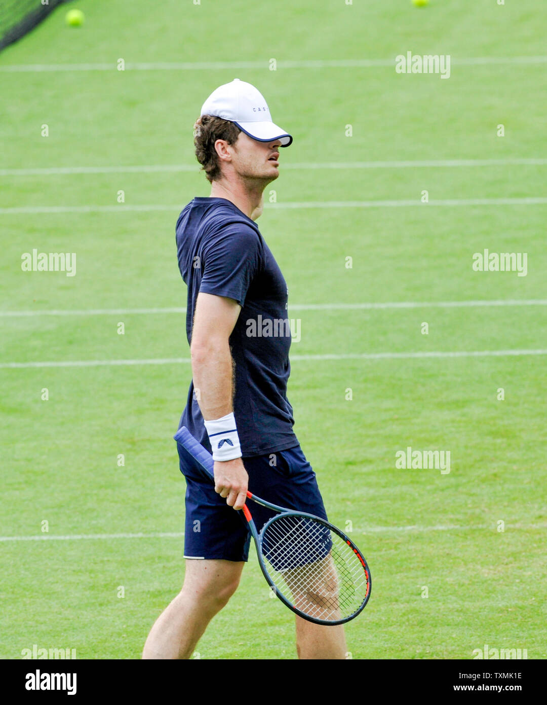 Eastbourne, UK. 25th June, 2019. Andy Murray adjusts his cap during a ...