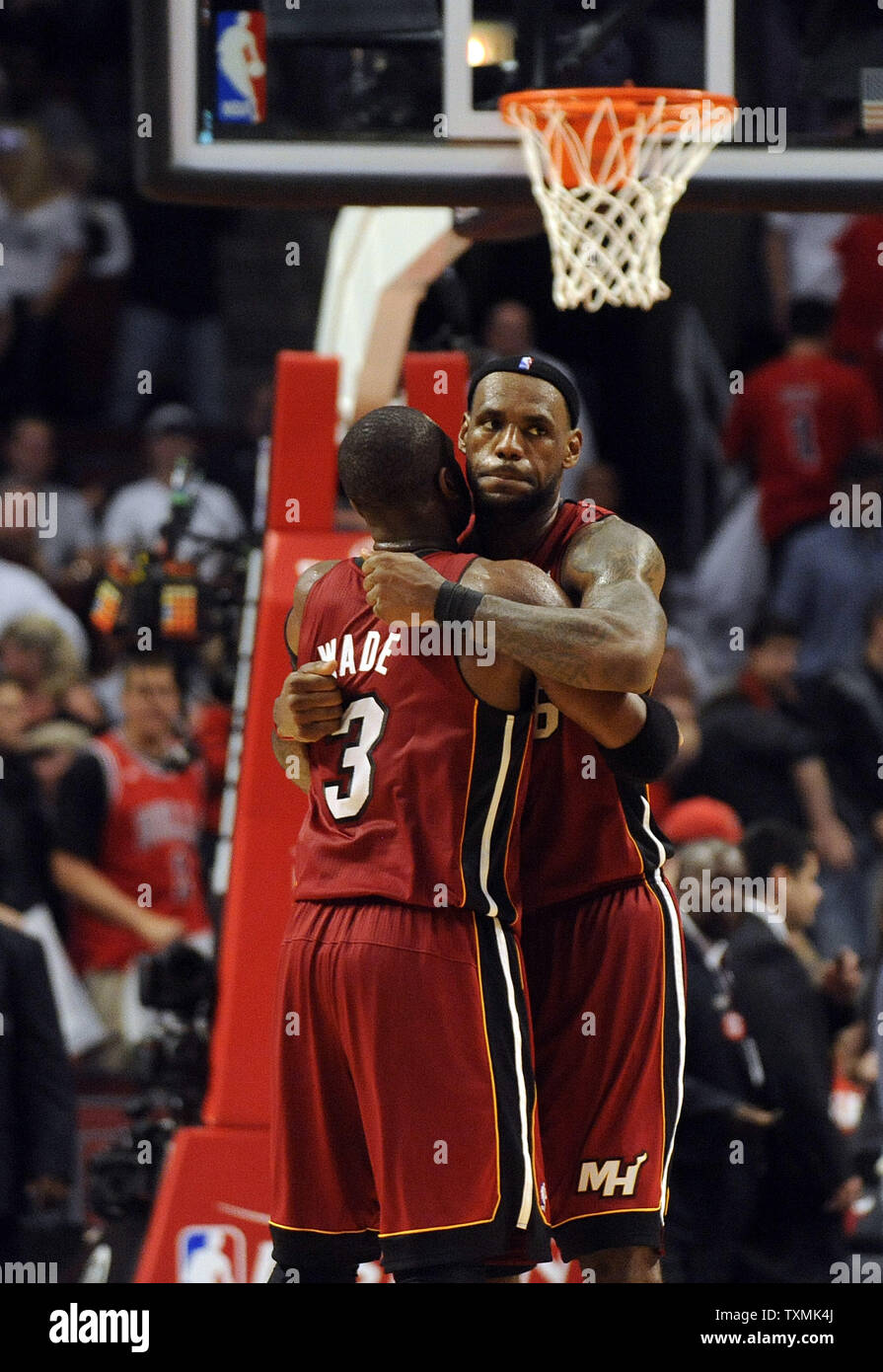 Miami Heat guard Dwyane Wade (L) and forward LeBron James celebrate ...