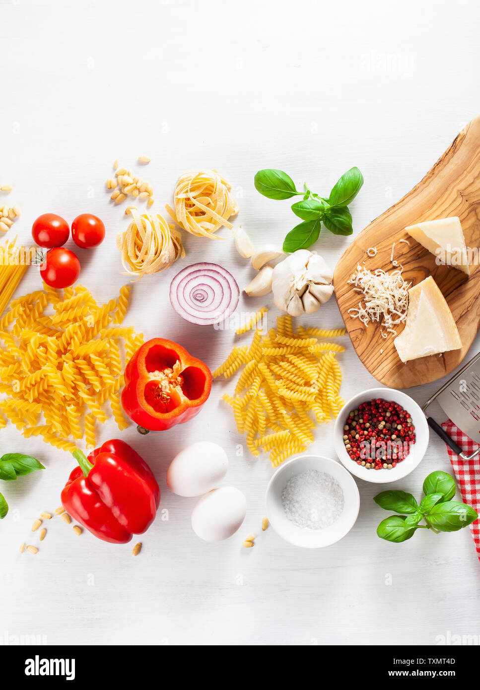 ingredients for italian cousine flat lay, pasta spaghetti penne fusilli ...