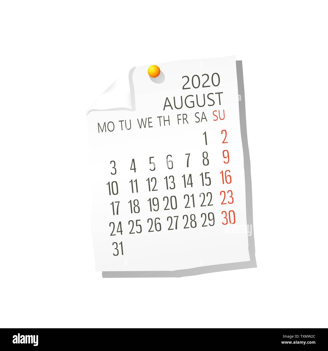 Vector calendar for August 2020 on white paper with holding pin over ...