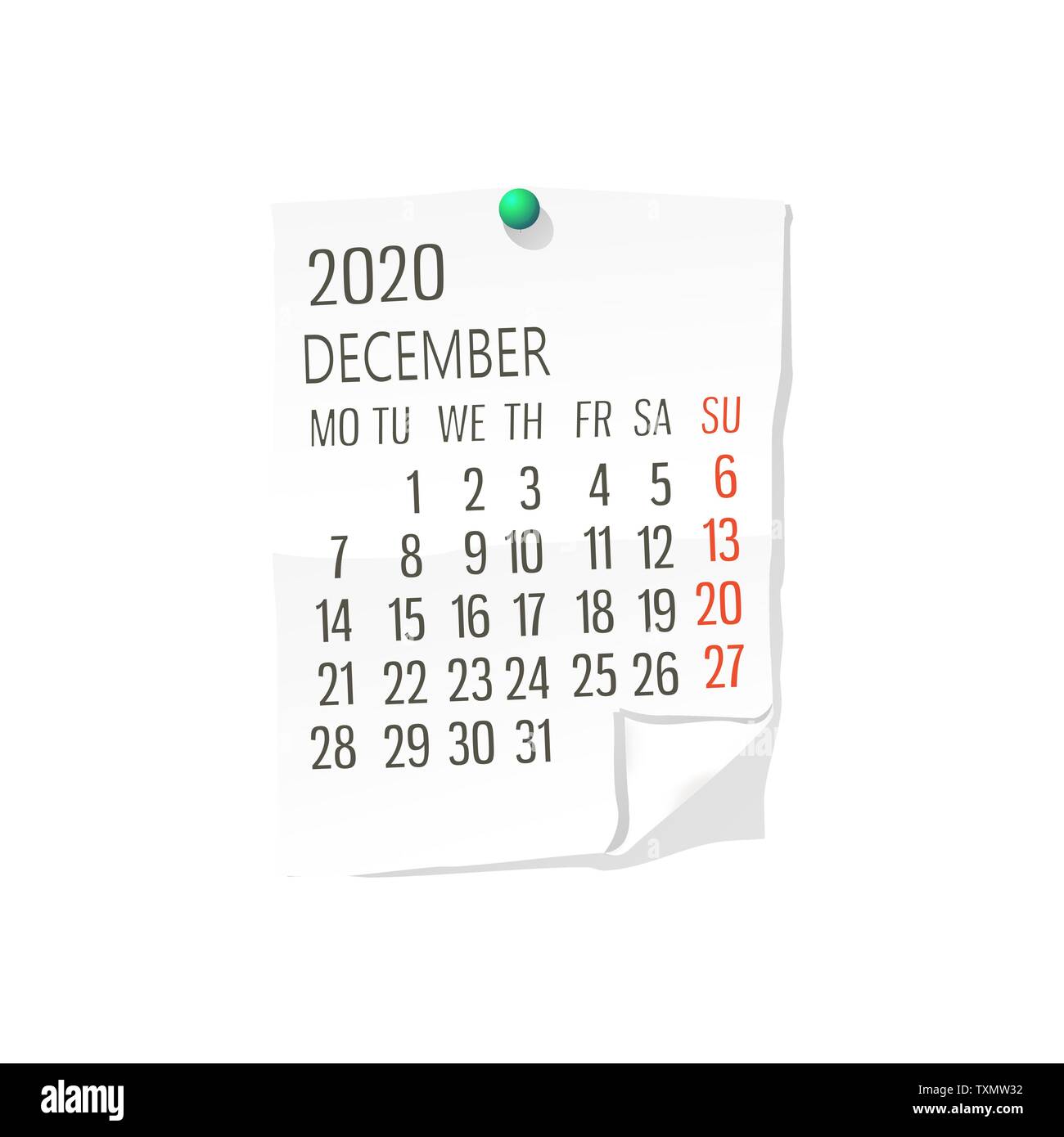 Vector calendar for December,2020 on white paper with holding pin over ...
