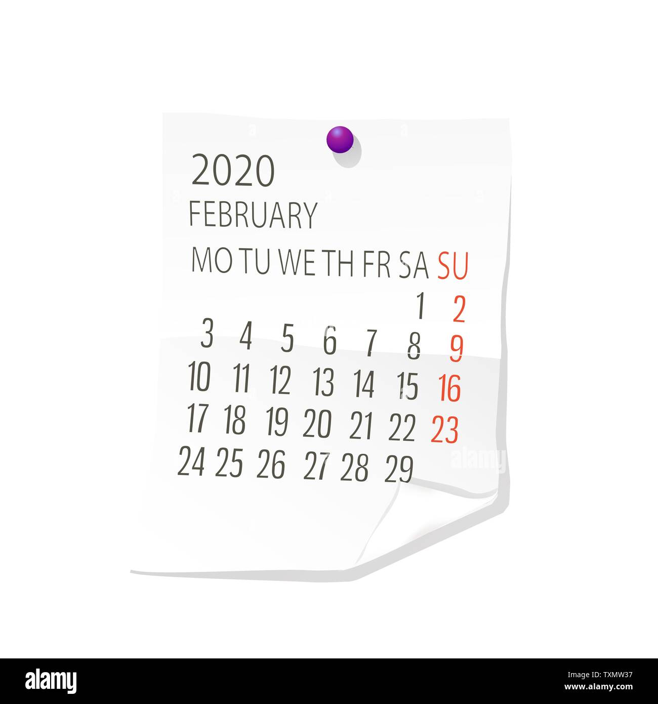 Vector calendar for February 2020 on white paper with holding pin over ...
