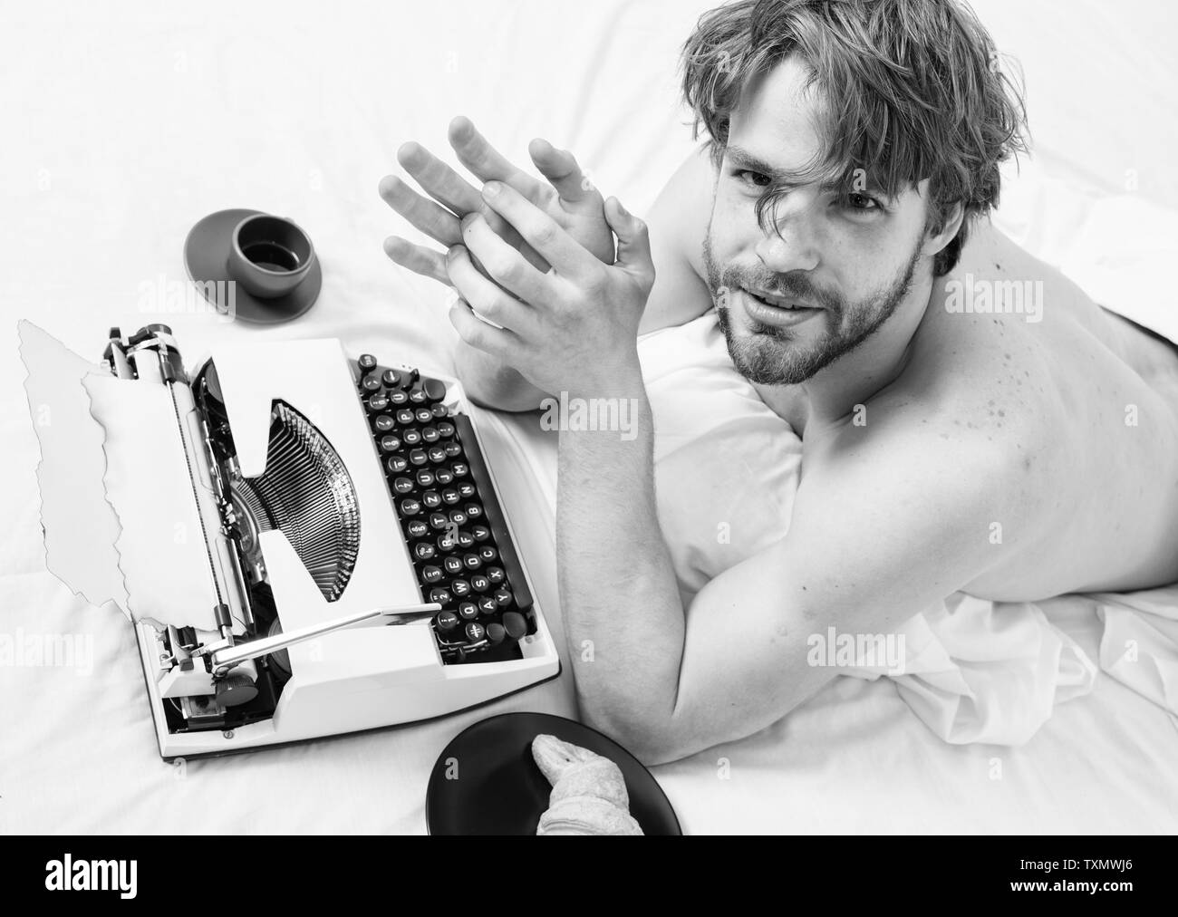 Man writing in vintage typewriter Black and White Stock Photos & Images ...