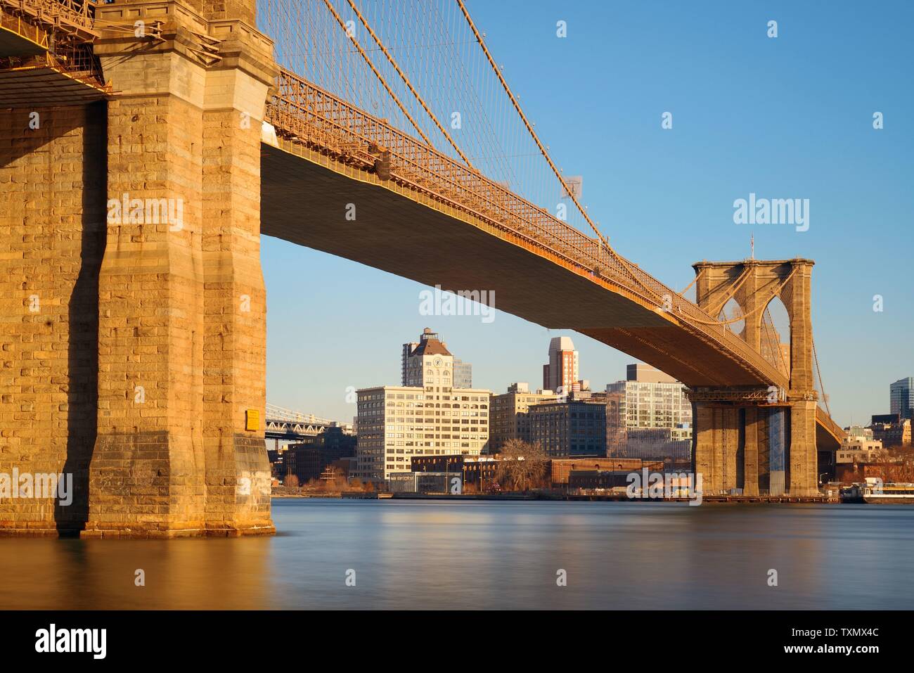 Brooklyn bridge at waterfront in downtown Manhattan New York City Stock ...