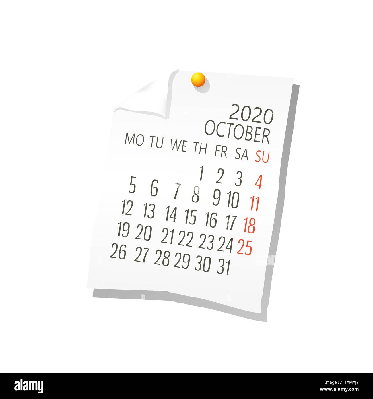 Vector calendar for October ,2020 on white paper with holding pin over ...