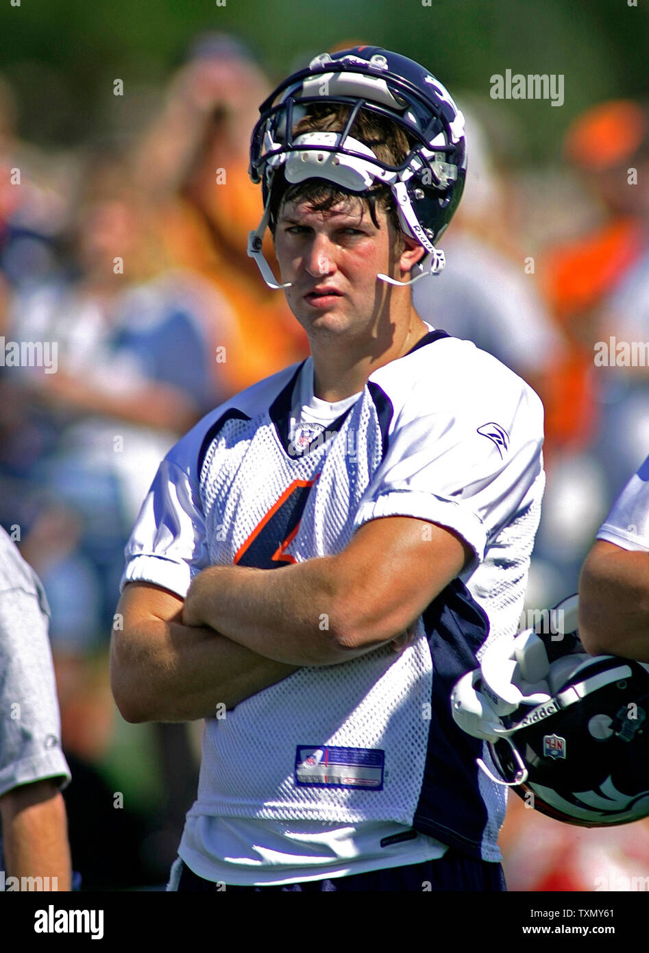 Denver Broncos reserve quarterback Jay Cutler watches practice at first ...