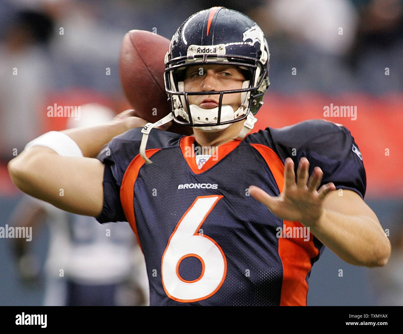 Denver Broncos top draft choice Jay Cutler warms up prior to game ...