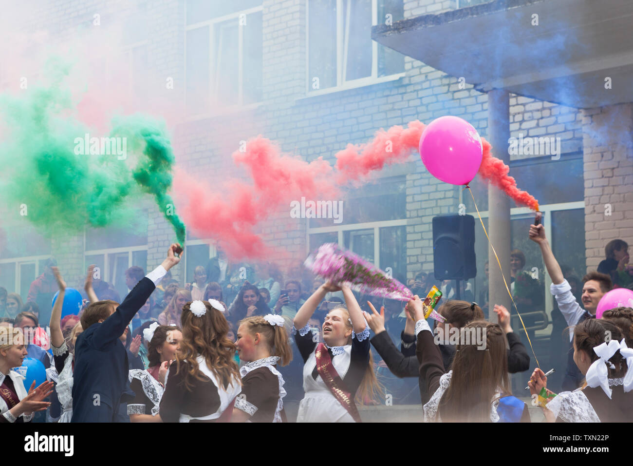 Verkhovazhye, Vologda region, Russia - May 23, 2019: Graduation dance ...