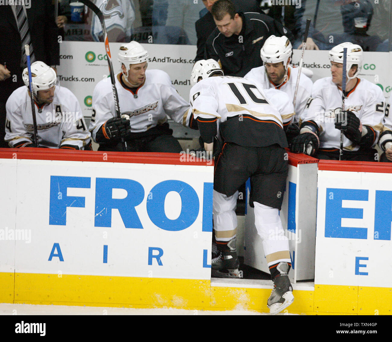 Anaheim Ducks leading goal scorer Corey Perry (10) makes it to the team ...