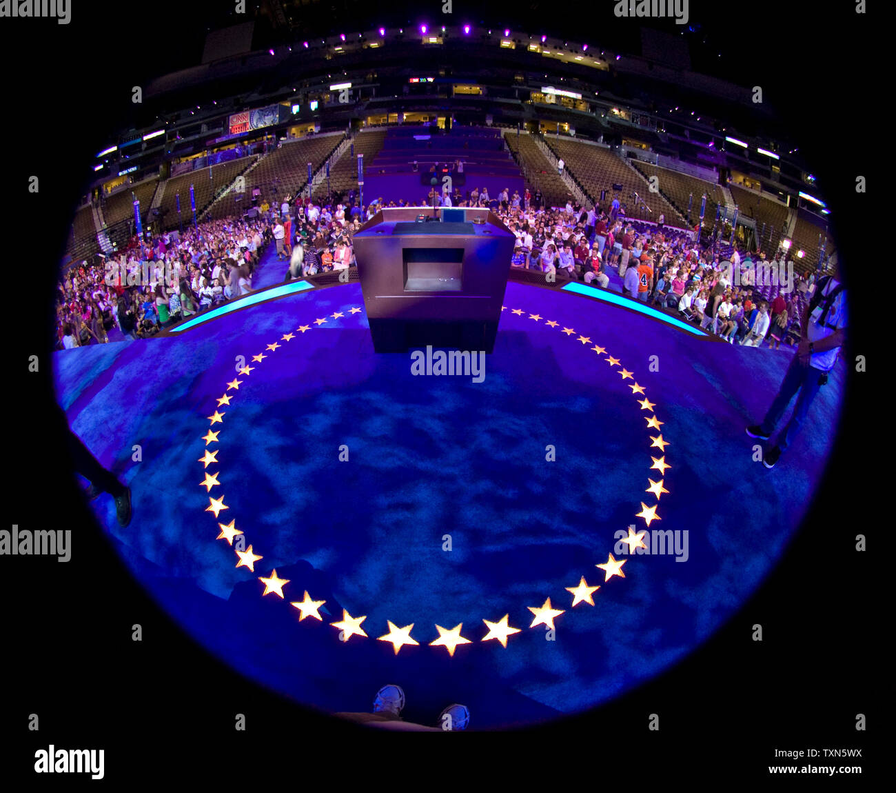 A circle of stars decorates the main speaking podium at the Democratic ...