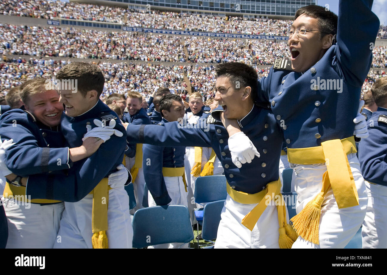 Air Force Academy cadets celebrate after graduating during the 2009 ...