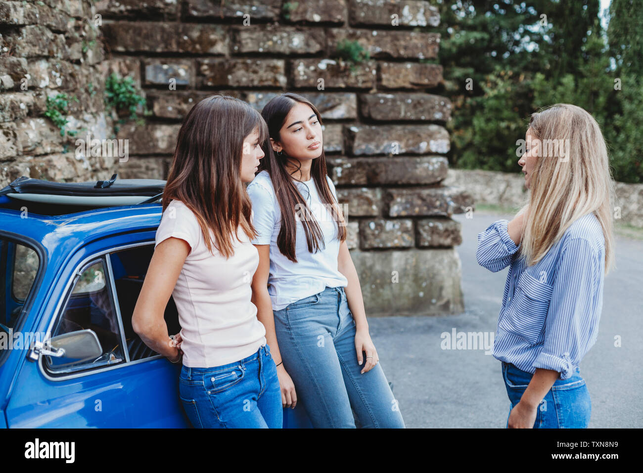 Friends talking beside car in countryside Stock Photo - Alamy