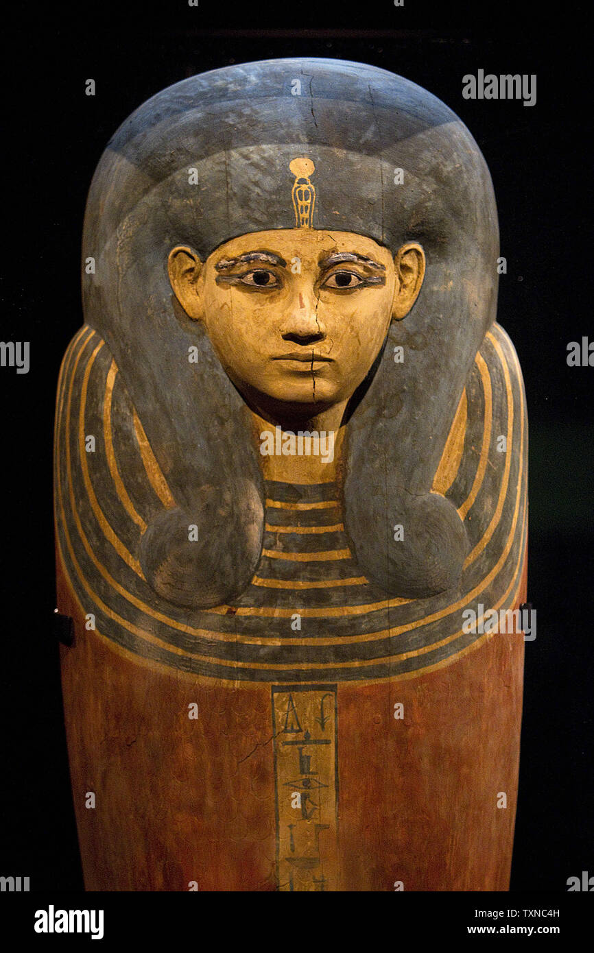 The coffin of Queen Meritamun stands on display at the King Tut ...