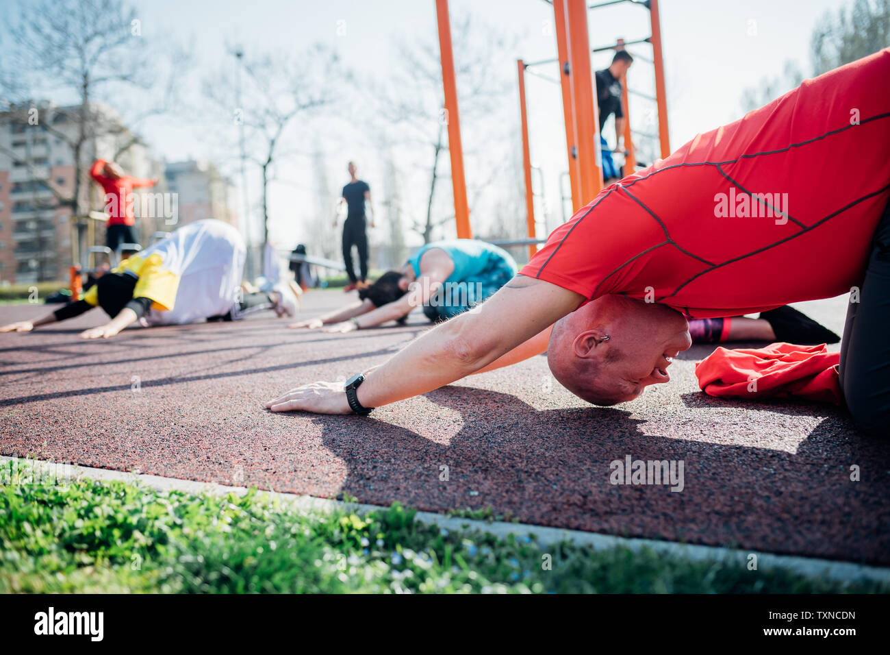 Calisthenics class at outdoor gym, man and women practicing yoga ...
