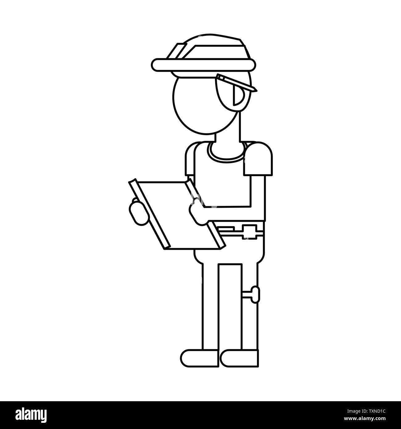 Construction worker smiling cartoon isolated in black and white ...