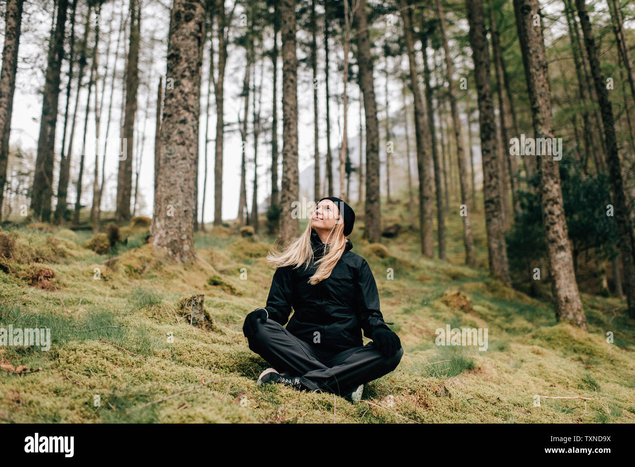 Trekker sitting cross-legged in forest, Trossachs National Park, Canada ...
