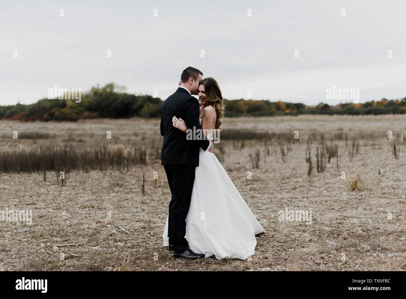 Romantic young bride and groom hugging in field, full length Stock ...