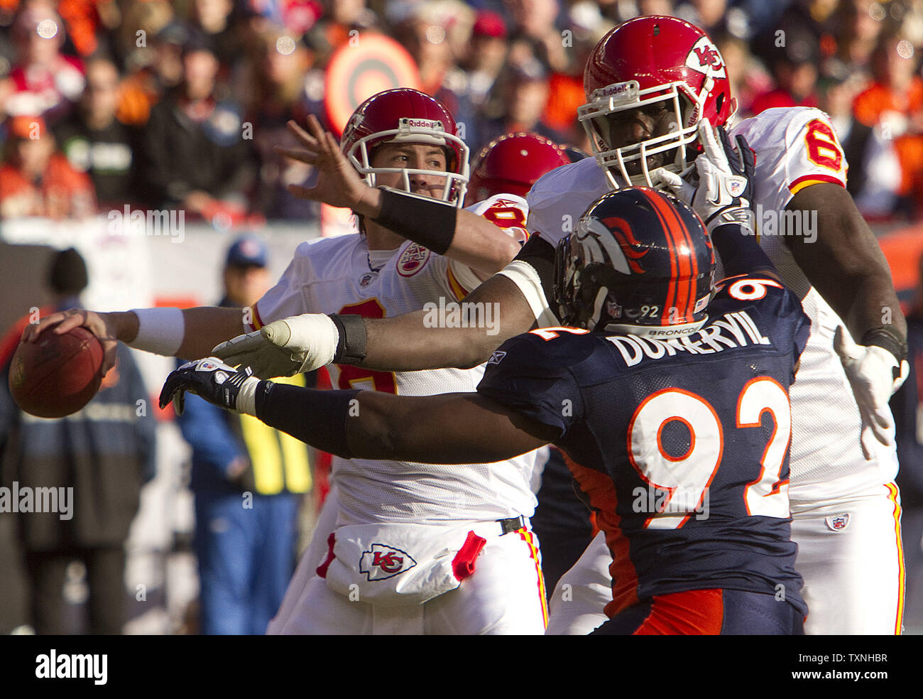 Kansas City Chiefs and former Denver Broncos Kyle Orton throws against ...