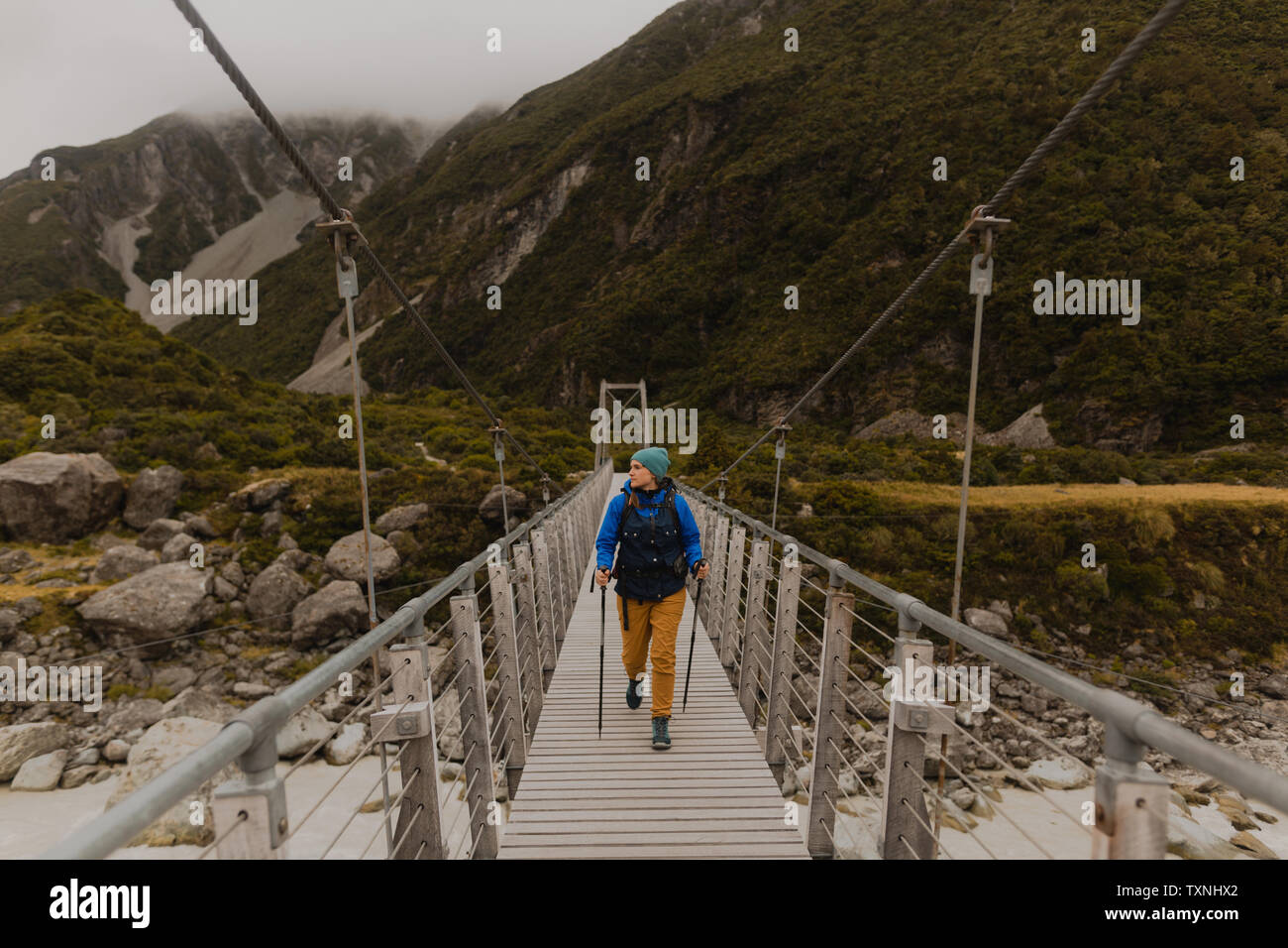 Hiker crossing suspension bridge, Wanaka, Taranaki, New Zealand Stock ...