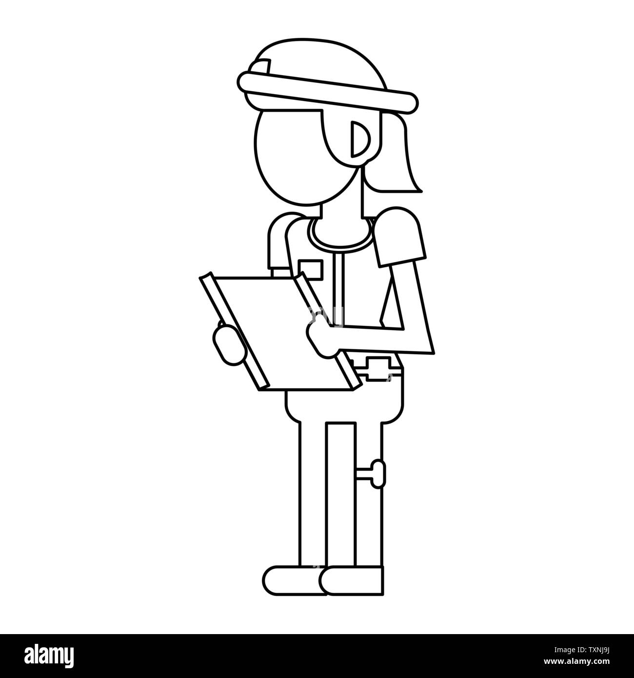 Construction worker smiling cartoon isolated in black and white ...