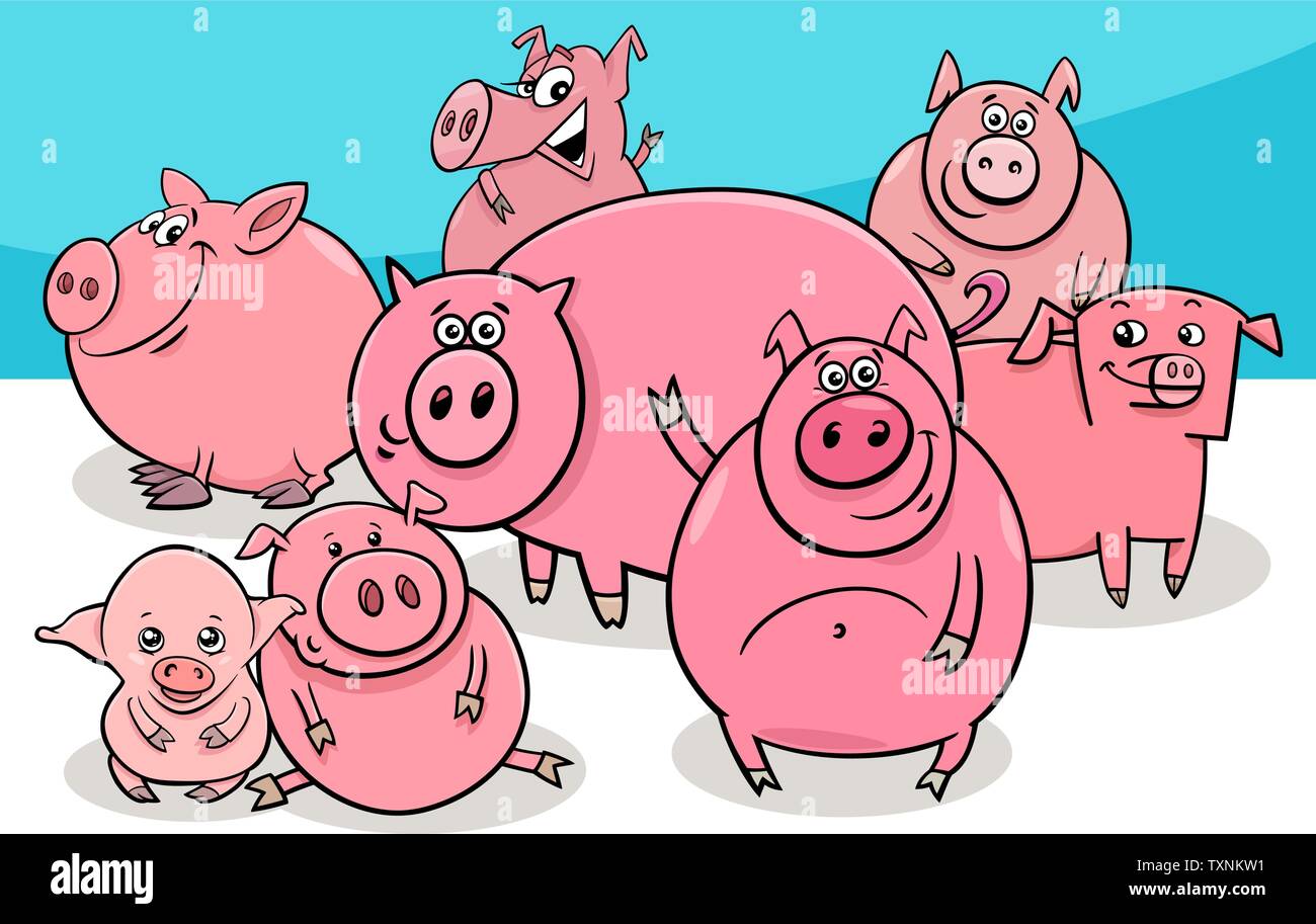 Cartoon Illustration of Cute Pigs Farm Animal Characters Group Stock ...