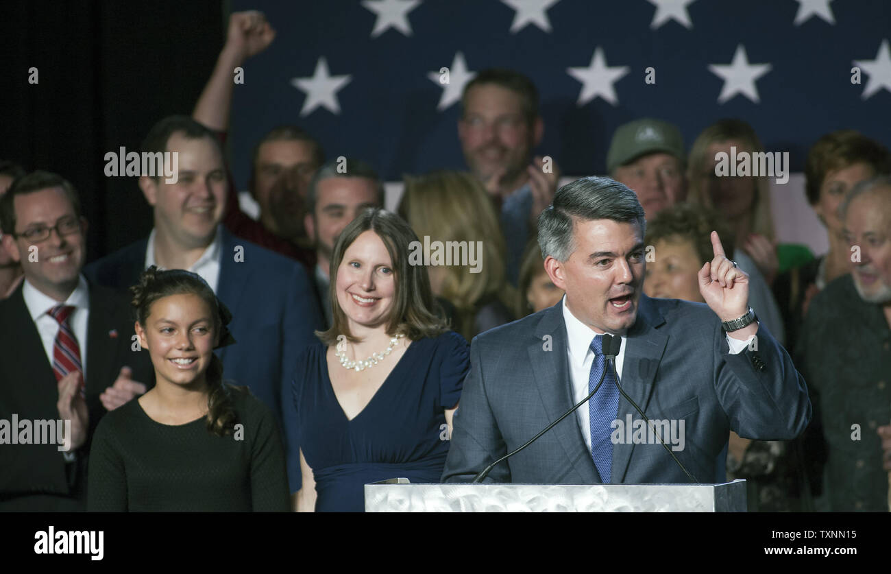 Newly elected U.S. Senator Cory Gardner celebrates with his wife Jamie ...