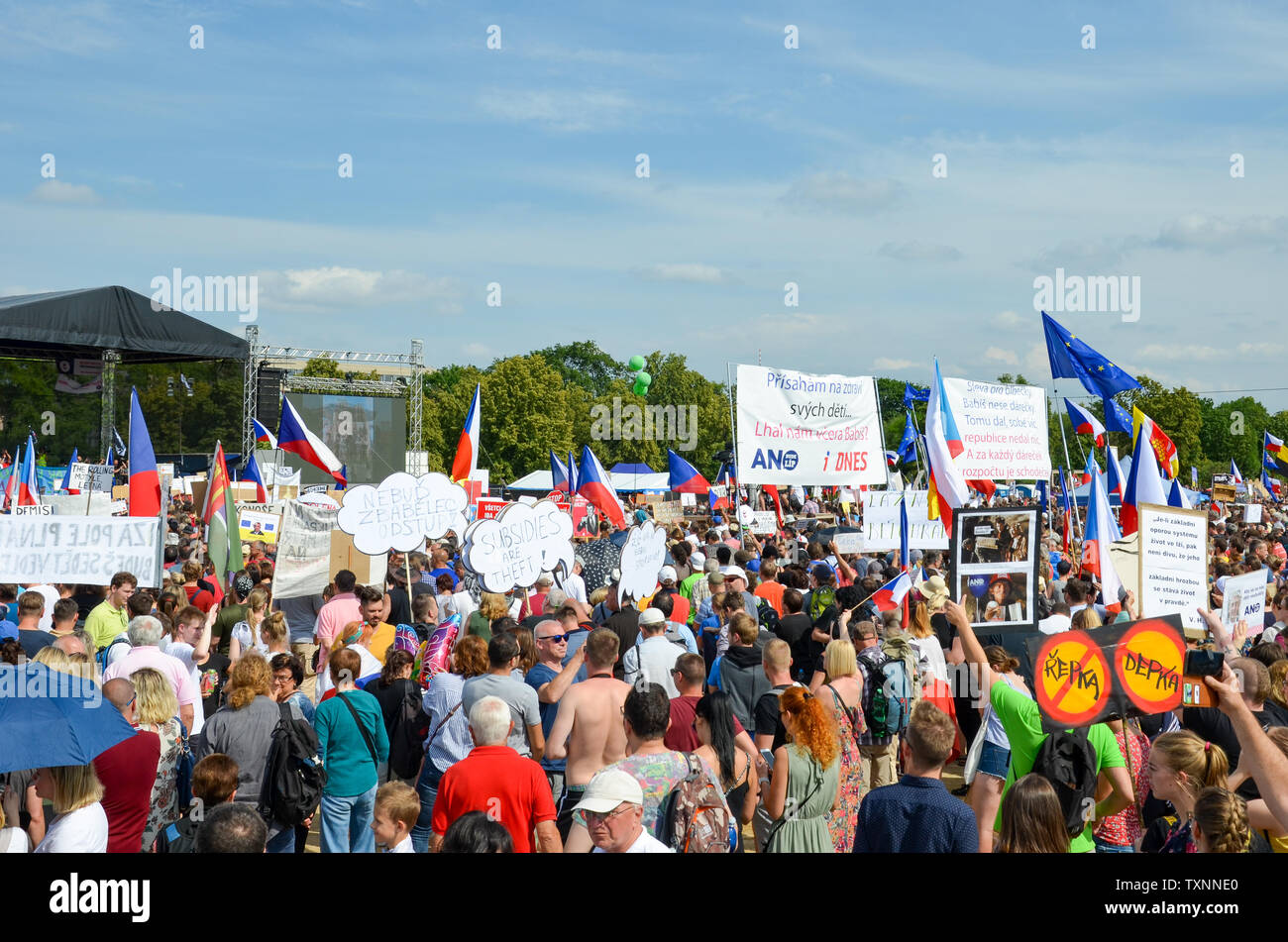 Prague, Czech Republic - June 23 2019: Crowd of people protests against ...