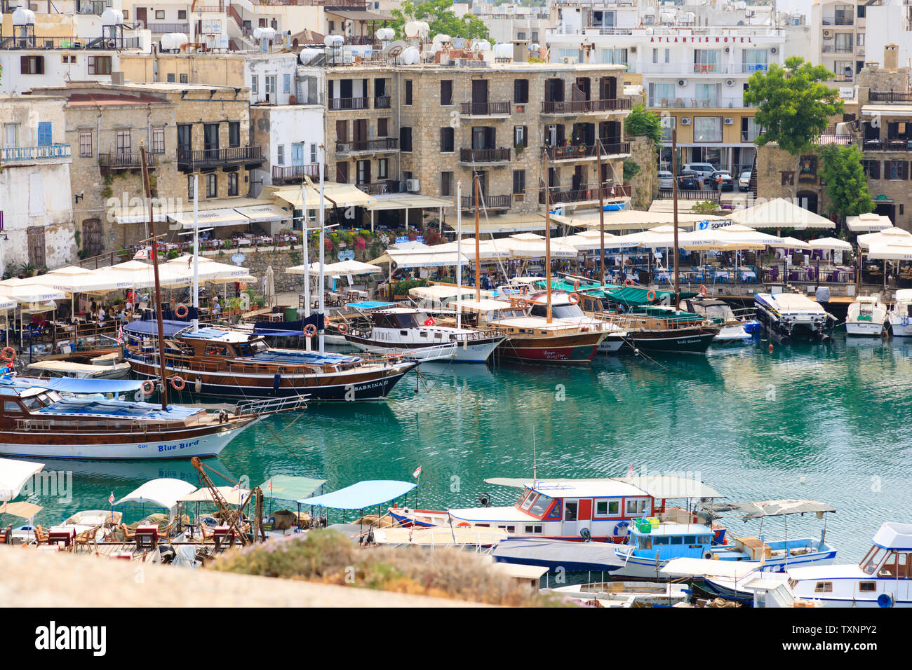 Kyrenia harbour and restaurants, Girne, Turkish Republic of Northern ...