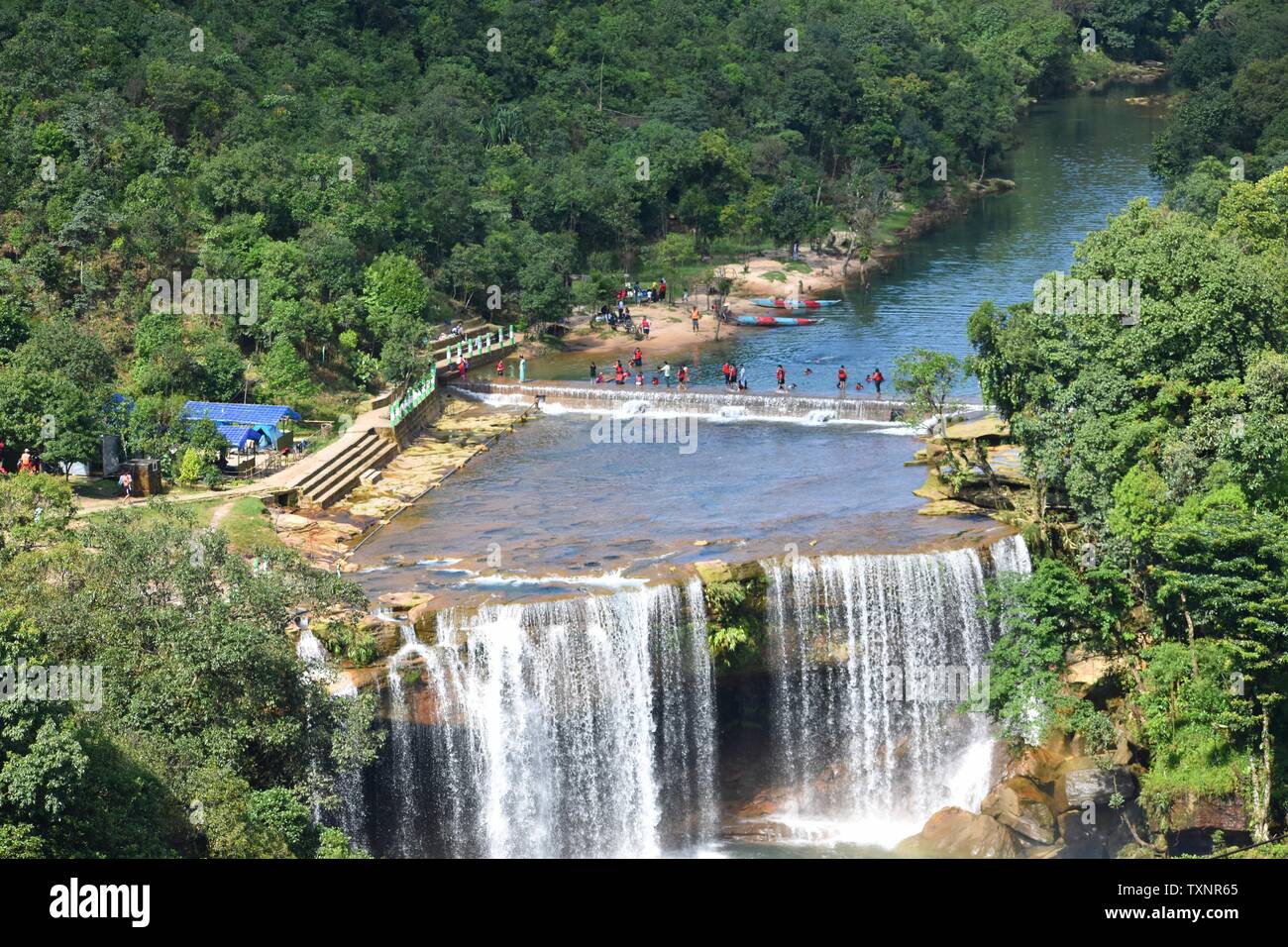 Very beautiful spring waterfall in the valley of the river Jean in the ...