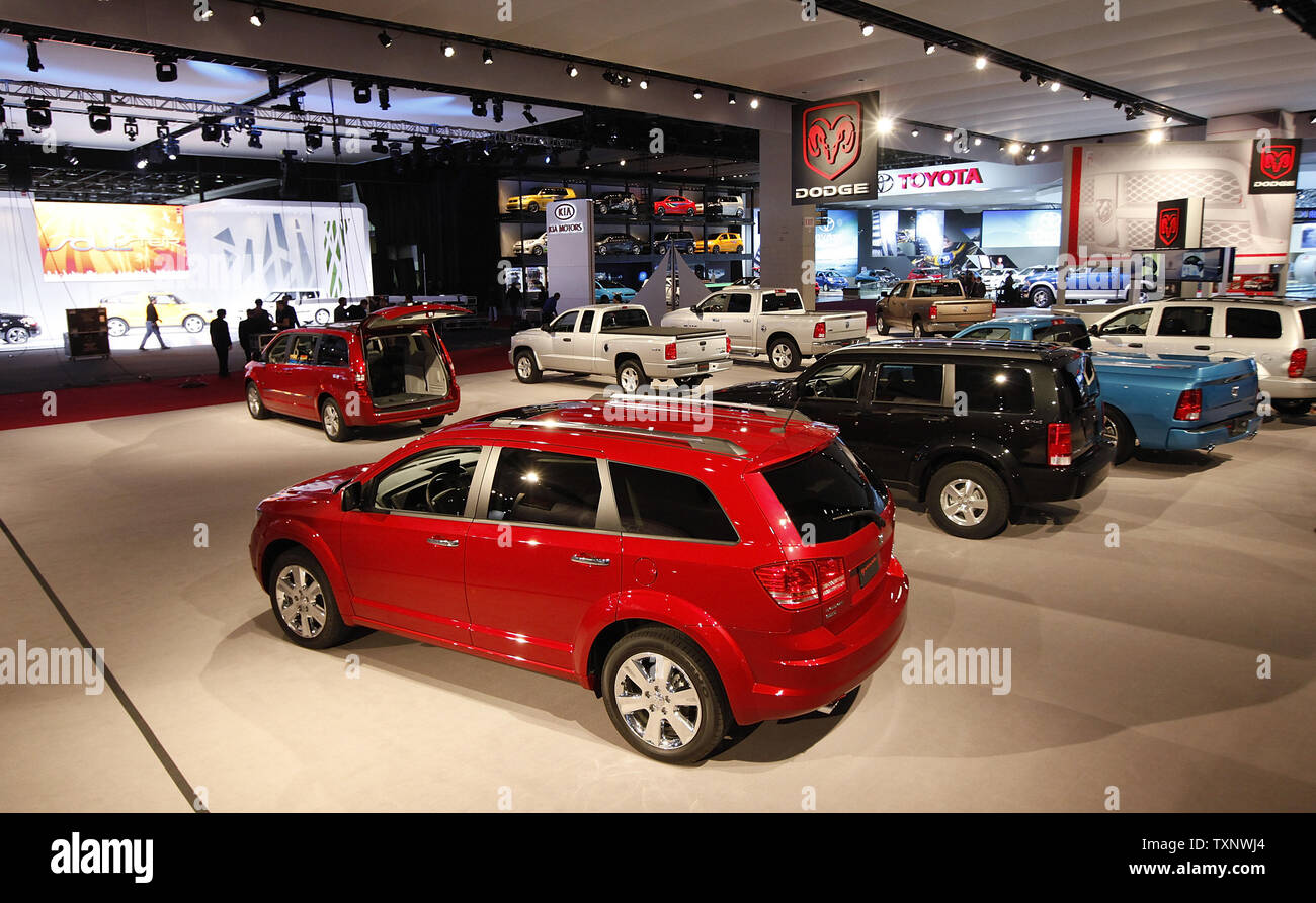 Vehicles are displayed in the Chrysler section at the North American ...